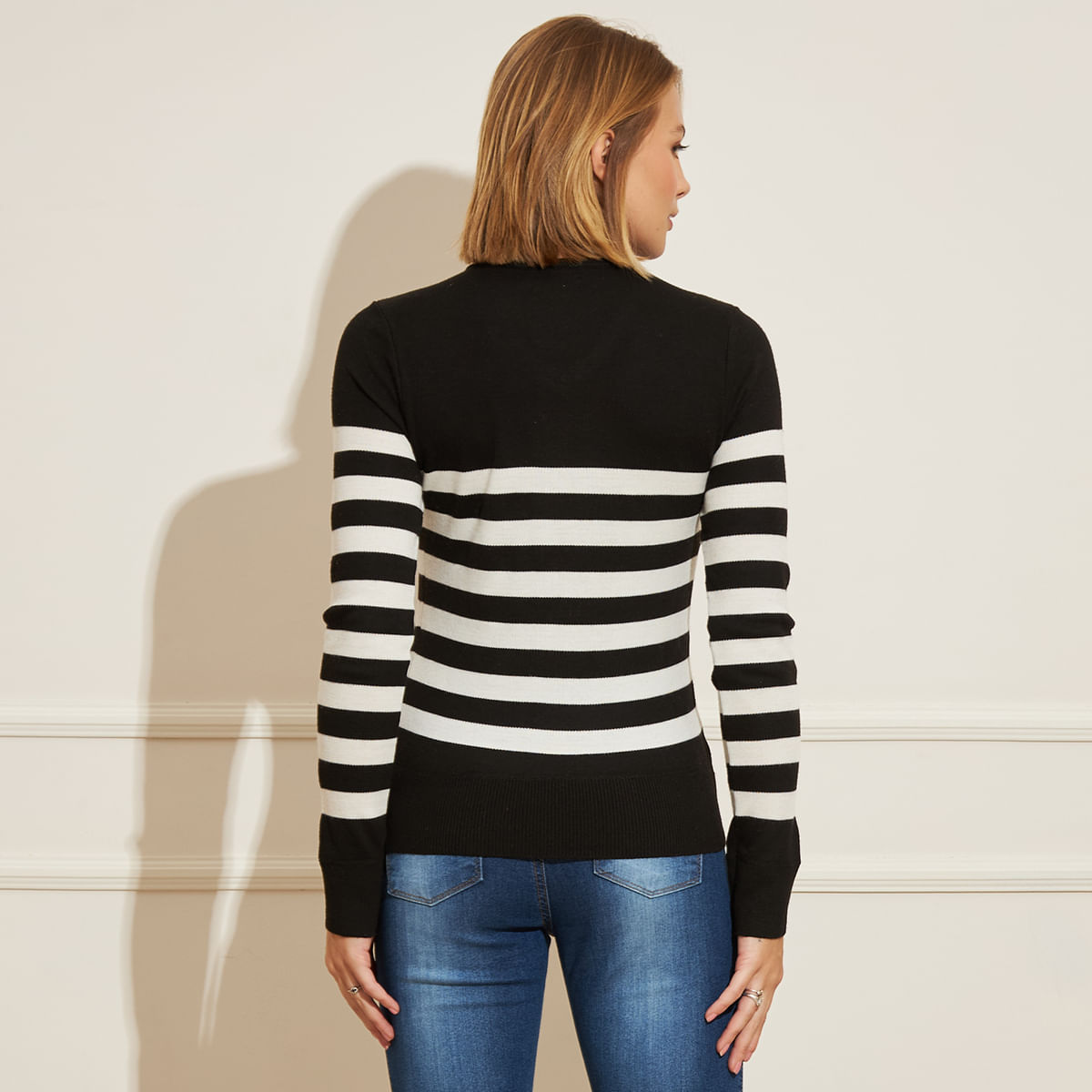 Suéter Feminino Basic Sou Gola V Listrado - Preto