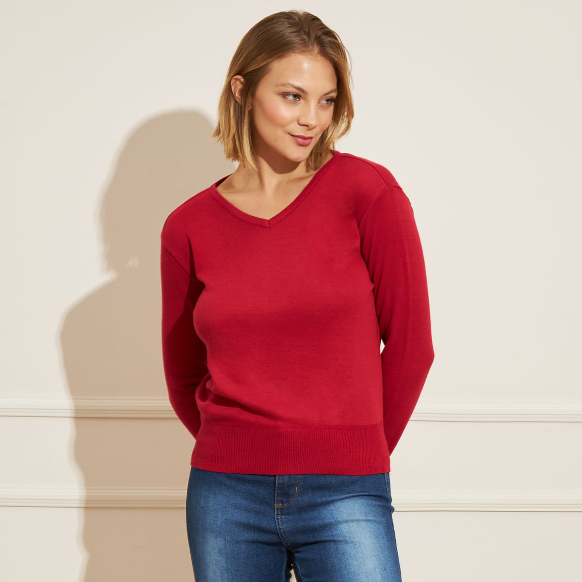 Suéter Feminino Basic Sou Gola V - Vermelho
