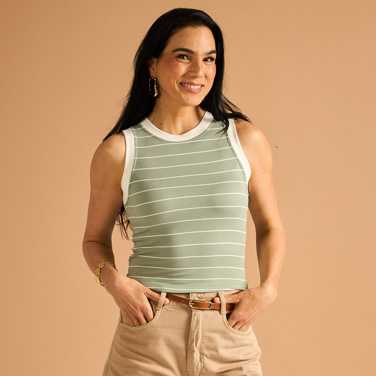 Blusa Regata Feminina Listrada Verde e Off-white Basic Sou